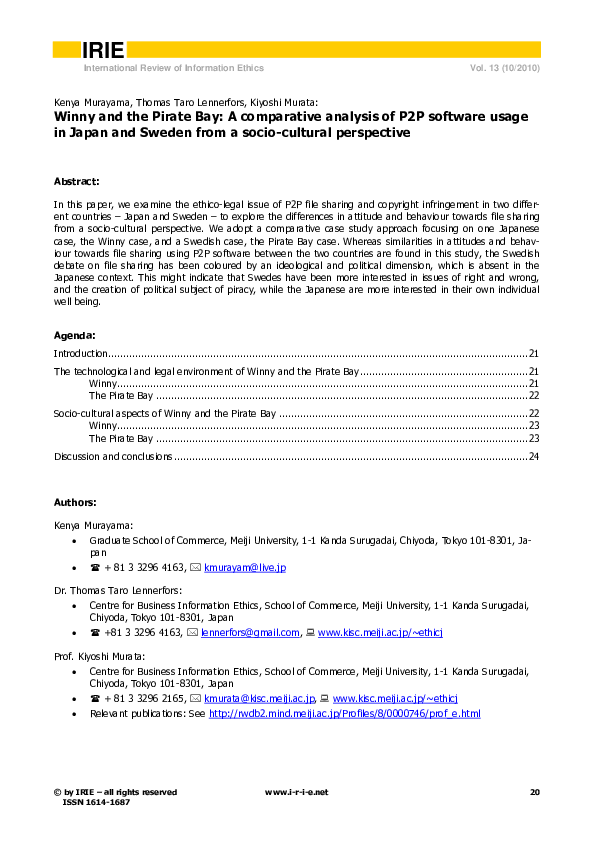 (PDF) Winny and the Pirate Bay: A comparative analysis of P2P software usage in Japan and Sweden ...