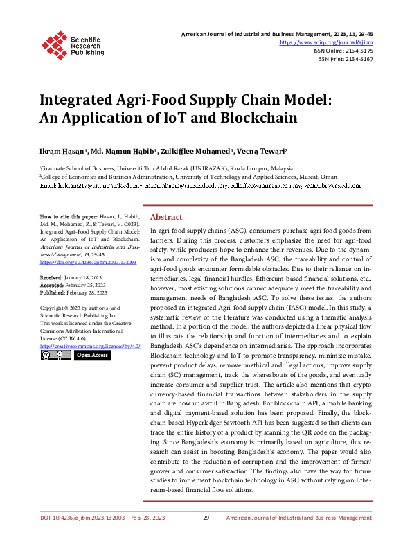 (PDF) Integrated Agri-Food Supply Chain Model: An Application of IoT and Blockchain