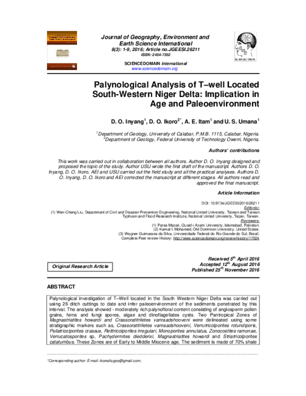 (PDF) Palynological Analysis of T–well Located South-Western Niger ...
