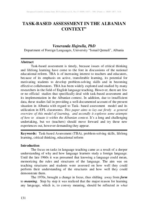 (PDF) Task-Based Assessment in the Albanian Context