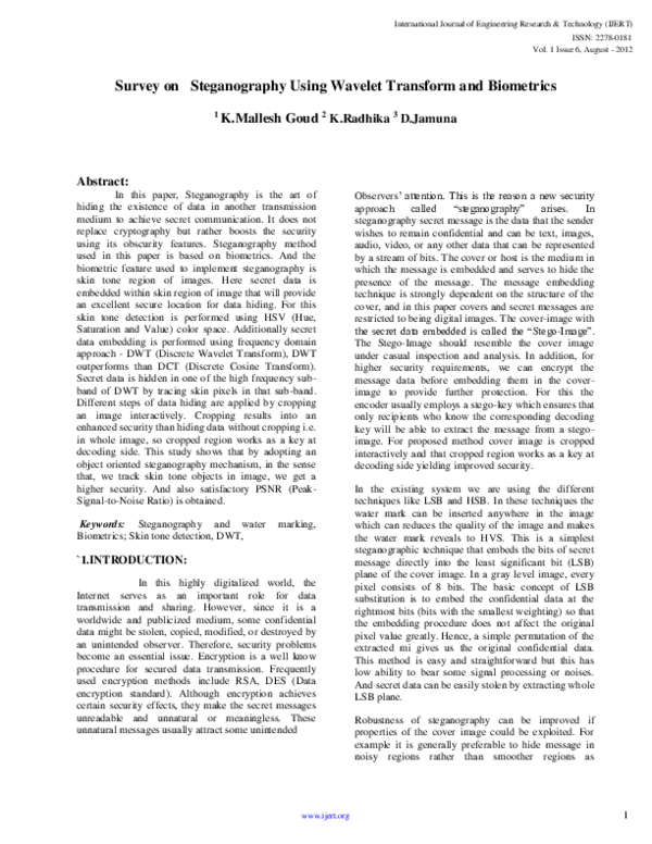 Pdf Survey On Steganography Using Wavelet Transform And Biometrics