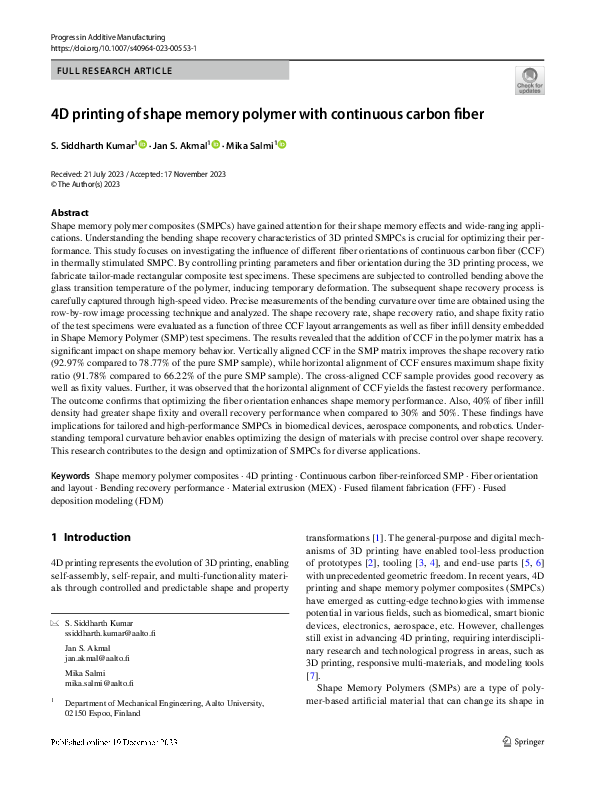 (PDF) 4D printing of shape memory polymer with continuous carbon fiber