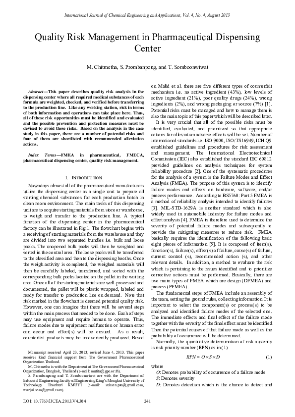(PDF) Quality Risk Management in Pharmaceutical Dispensing Center