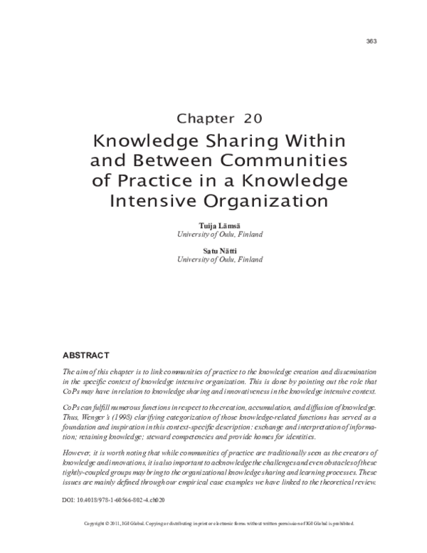 (PDF) Knowledge Sharing Within and Between Communities of Practice in a Knowledge Intensive ...
