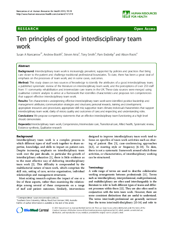 (PDF) Ten principles of good interdisciplinary team work