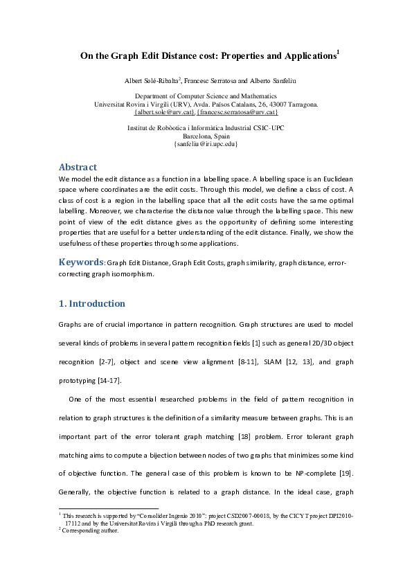(PDF) On the Graph Edit Distance Cost: Properties and Applications