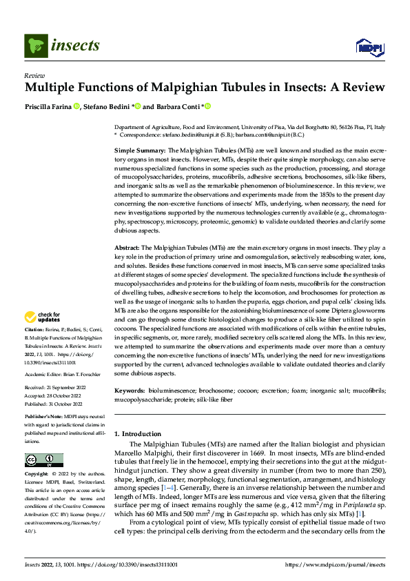 (PDF) Multiple Functions of Malpighian Tubules in Insects: A Review