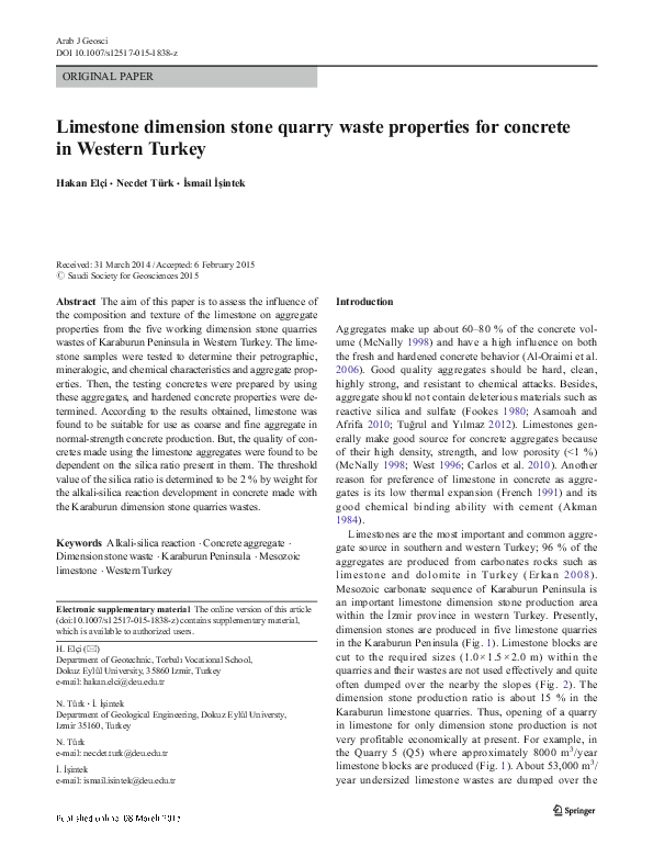 (PDF) Limestone dimension stone quarry waste properties for concrete in ...