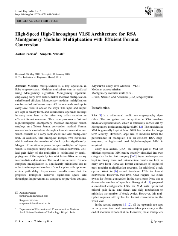 Pdf High Speed High Throughput Vlsi Architecture For Rsa Montgomery Modular Multiplication