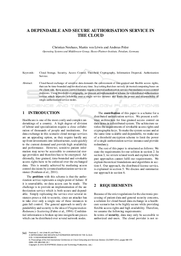 (PDF) A Dependable and Secure Authorisation Service in the Cloud