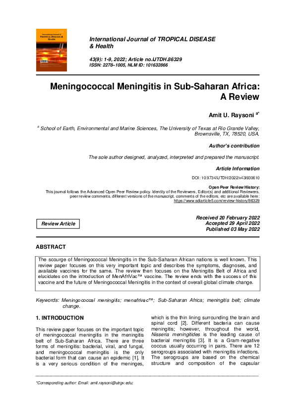 (PDF) Meningococcal Meningitis in Sub-Saharan Africa: A Review