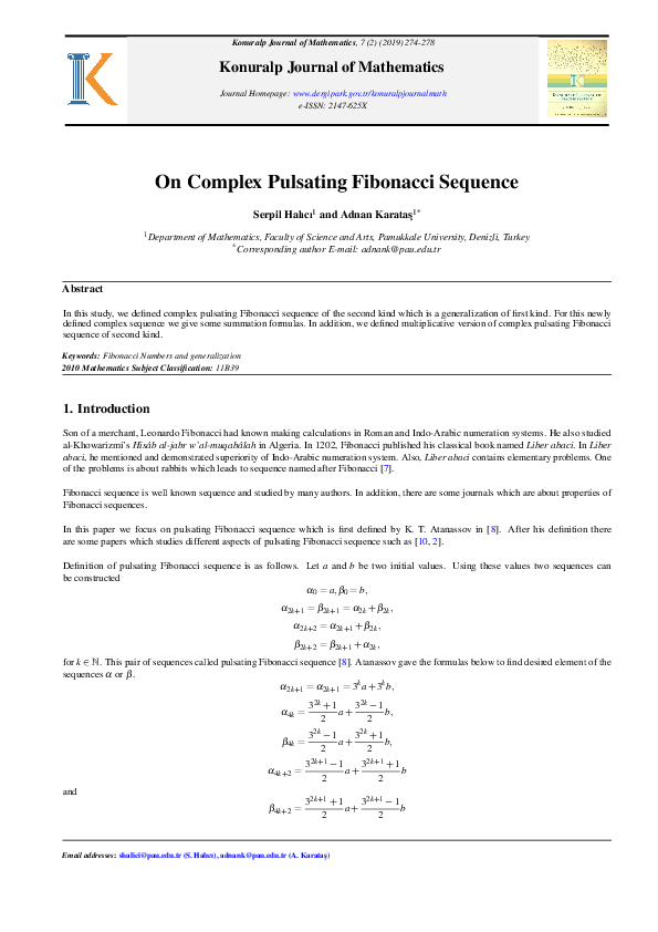 (PDF) On Complex Pulsating Fibonacci Sequence