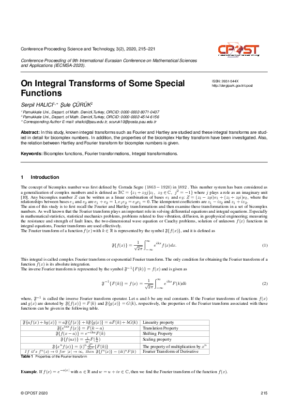Pdf On Integral Transforms Of Some Special Functions Serpil Halıcı