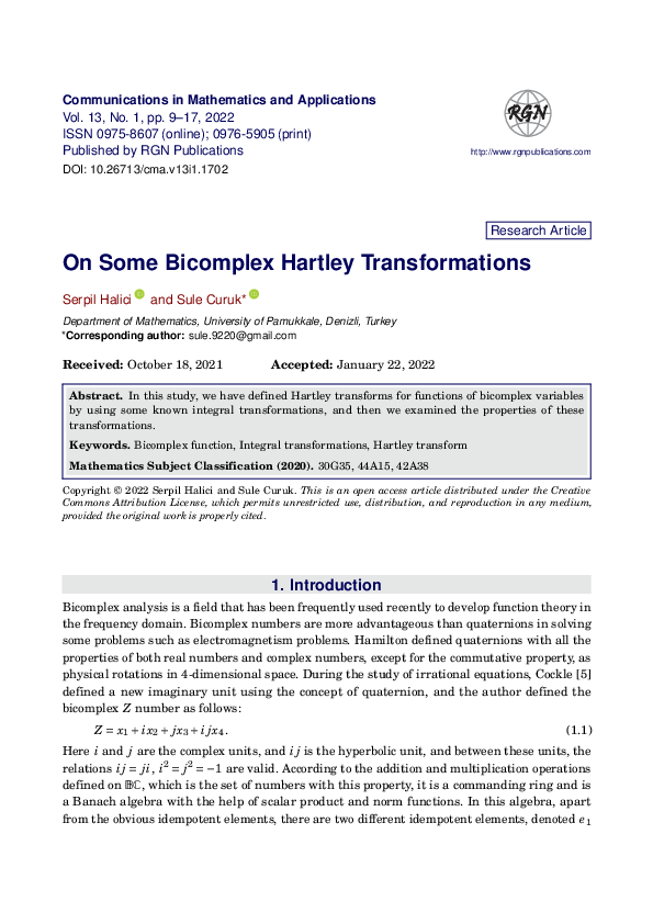 (PDF) On Some Bicomplex Hartley Transformations