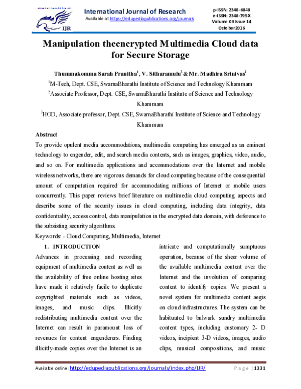 (PDF) Manipulation theencrypted Multimedia Cloud data for Secure Storage