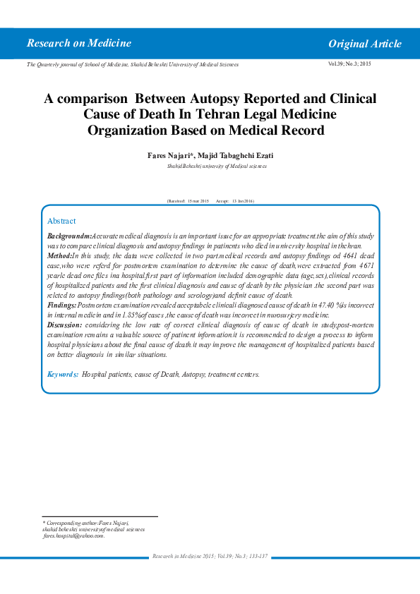 (PDF) A comparison Between Autopsy Reported and Clinical Cause of Death ...