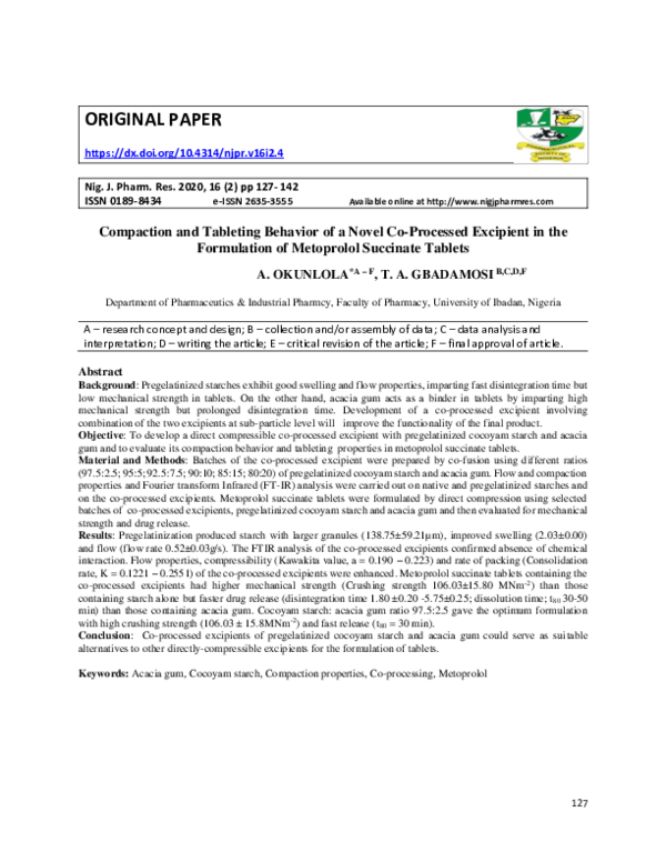 (PDF) Compaction and Tableting Behavior of a Novel Co-Processed ...