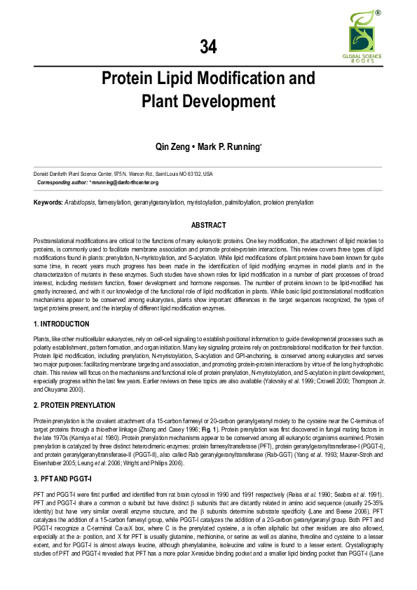 (PDF) Protein Lipid Modification and Plant Development