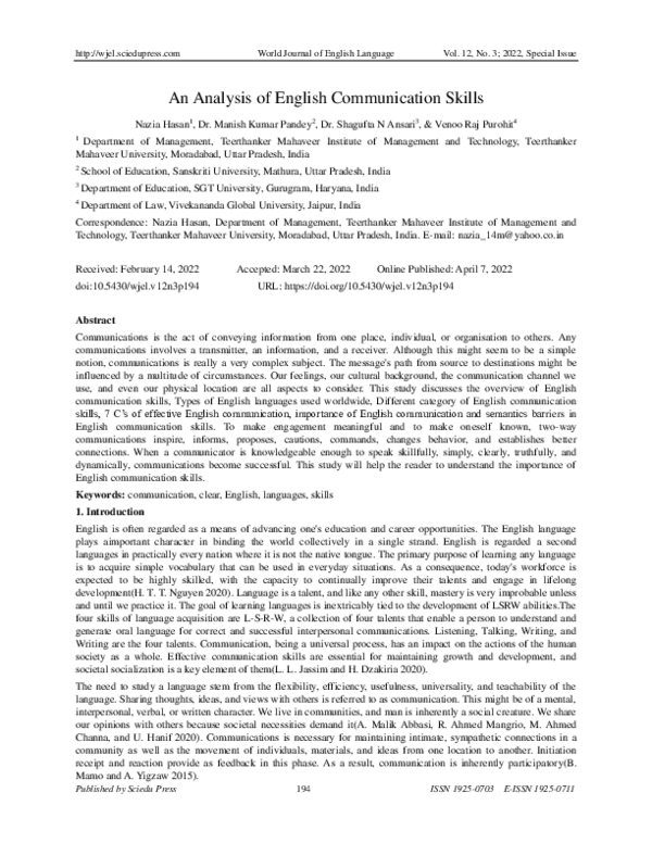 (PDF) An Analysis of English Communication Skills