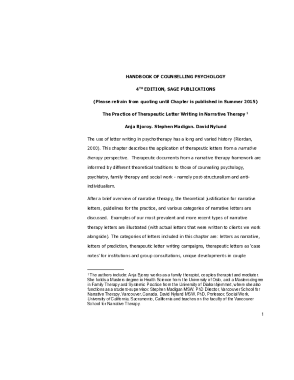 (PDF) The Practice of Therapeutic Letter Writing in Narrative Therapy 1
