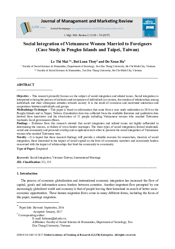 (PDF) Social Integration of Vietnamese Women Married to Foreigners ...