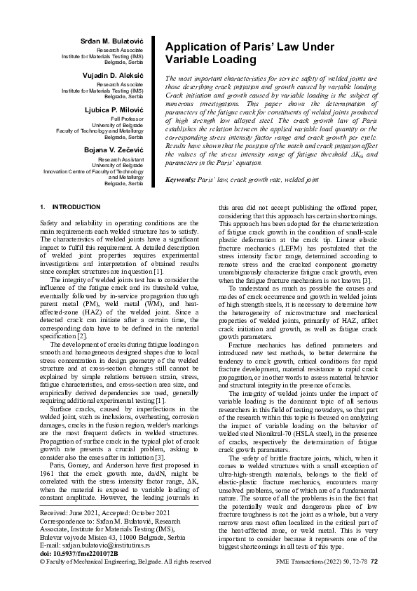 (PDF) Application of Paris' law under variable loading