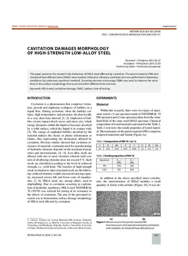 (PDF) Cavitation damages morphology of high-strength low- alloy steel