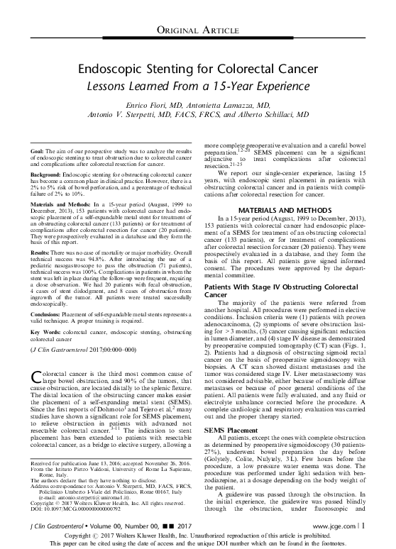 (PDF) Endoscopic Stenting for Colorectal Cancer