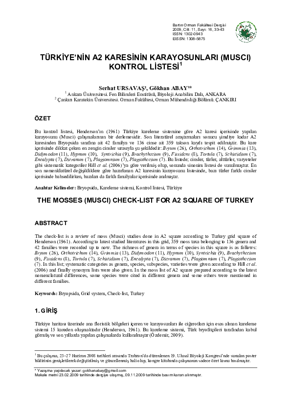 (PDF) The mosses (Musci) check-list for A2 square of Turkey