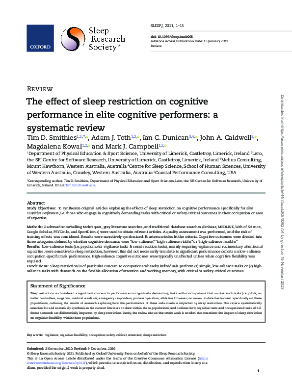 (PDF) The effect of sleep restriction on cognitive performance in elite ...