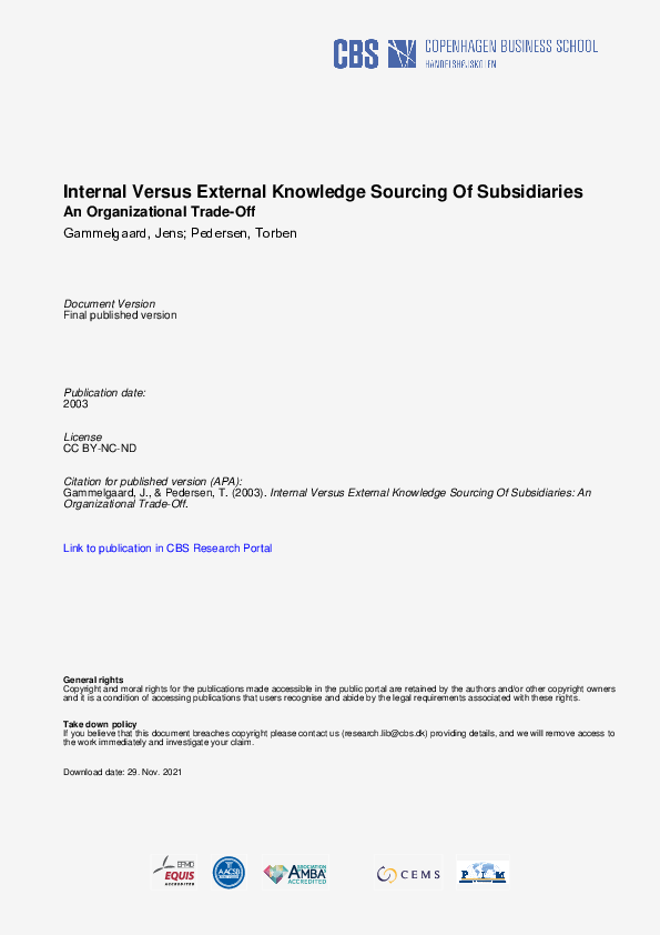(PDF) Internal Versus External Knowledge Sourcing Of Subsidiaries - An Organizational Trade-Off