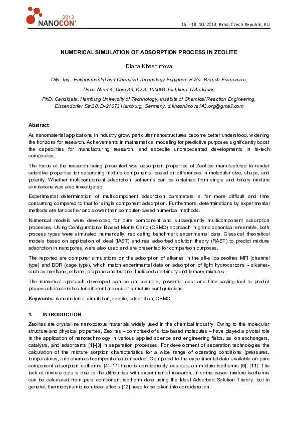(PDF) Numerical Simulation of Adsorption Process in Zeolite