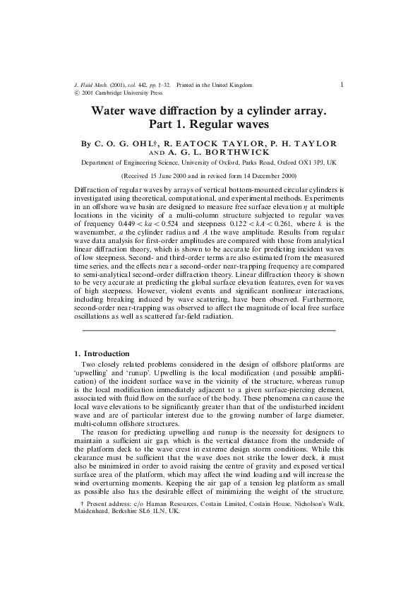 (PDF) Water wave diffraction by a cylinder array. Part 1. Regular waves