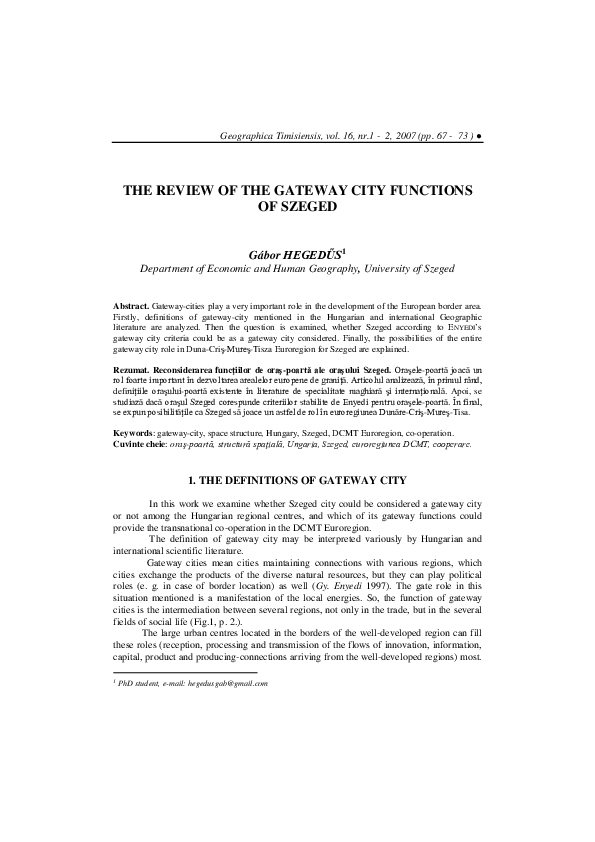 (PDF) The Review of the Gateway City Functions of Szeged