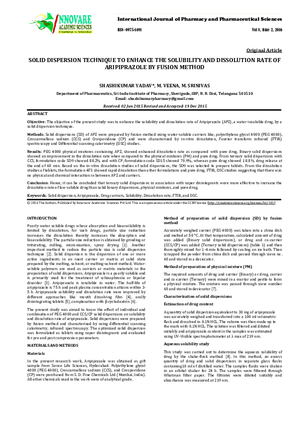 (PDF) SOLID DISPERSION TECHNIQUE TO ENHANCE THE SOLUBILITY AND ...