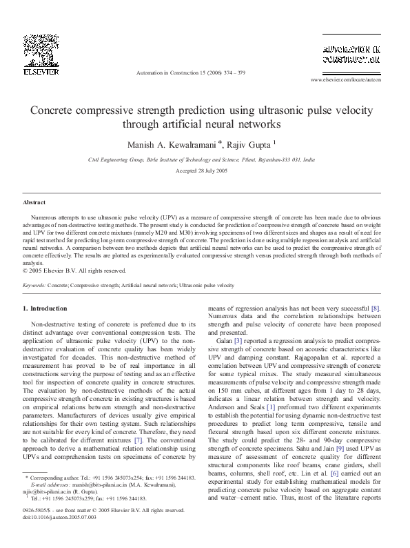 (PDF) Concrete compressive strength prediction using ultrasonic pulse velocity through ...