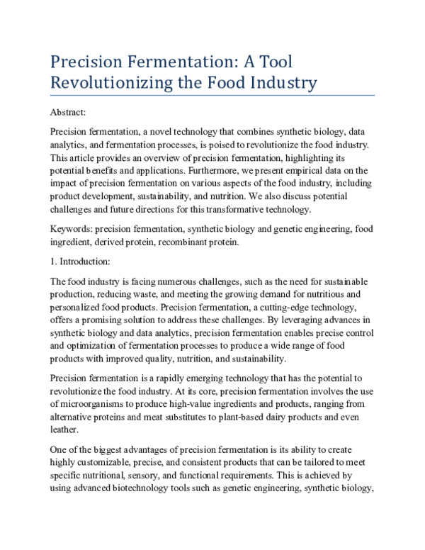 (PDF) Precision Fermentation: A Tool Revolutionizing the Food Industry
