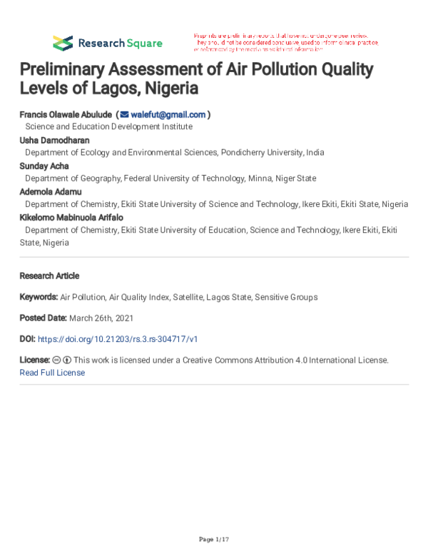 (PDF) Preliminary Assessment of Air Pollution Quality Levels of Lagos ...