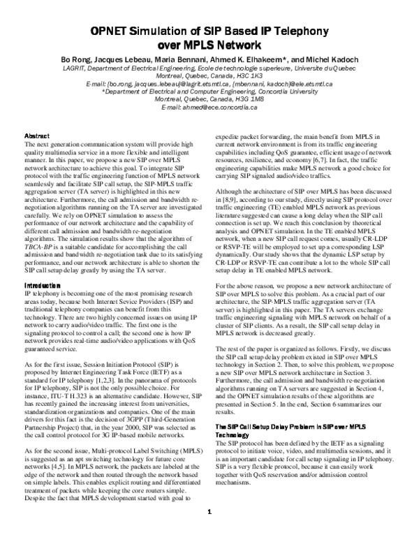 (PDF) OPNET simulation of SIP based IP telephony over MPLS network
