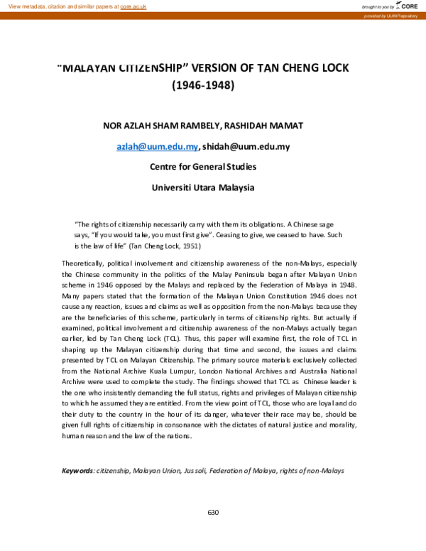 (PDF) Malayan citizenship" version of Tan Cheng Lock (1946-1948)