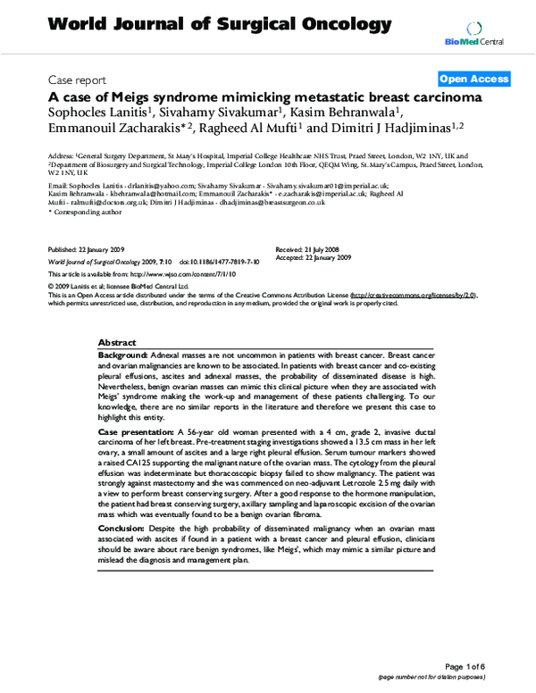 (PDF) A case of Meigs syndrome mimicking metastatic breast carcinoma