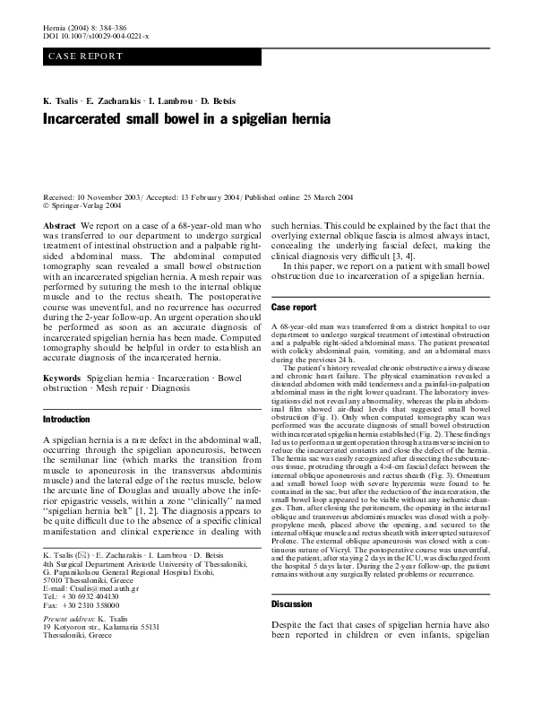 (PDF) Incarcerated small bowel in a spigelian hernia