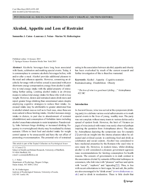 (PDF) Alcohol, Appetite and Loss of Restraint | Marion Hetherington ...