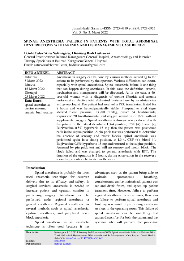 (PDF) Spinal Anesthesia Failure In Patients With Total Abdominal ...