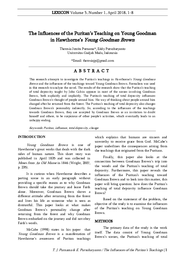 The Influences of the Puritan’s Teaching on Young Goodman in Hawthorne ...