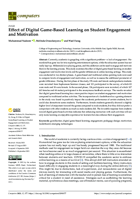 (PDF) Effect of Digital Game-Based Learning on Student Engagement and ...