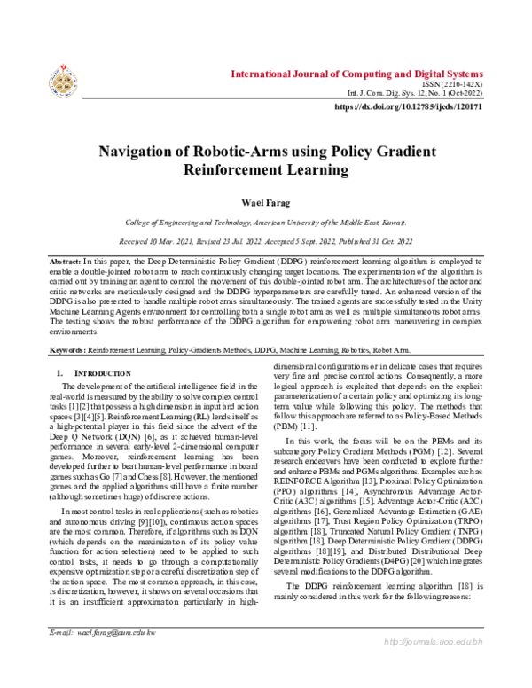 Pdf Navigation Of Robotic Arms Using Policy Gradient Reinforcement Learning