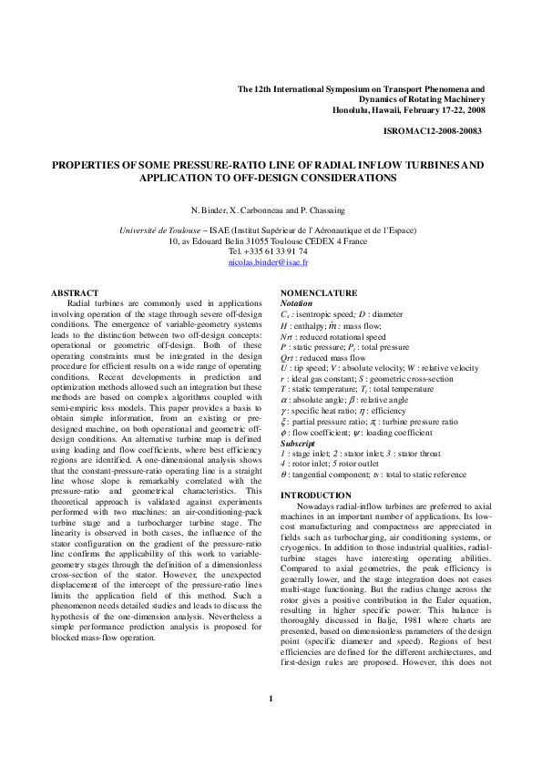 (PDF) Properties of some pressure-ratio line of radial inflow turbines and application to off ...