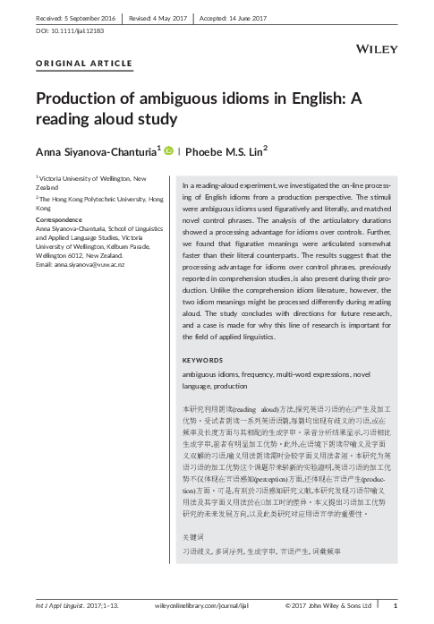 (PDF) Production of ambiguous idioms in English: A reading aloud study