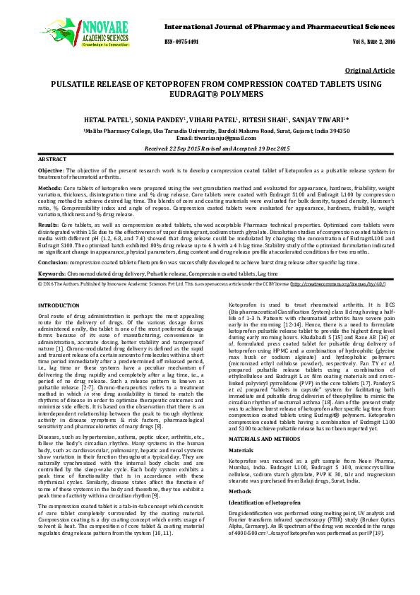 (PDF) PULSATILE RELEASE OF KETOPROFEN FROM COMPRESSION COATED TABLETS ...